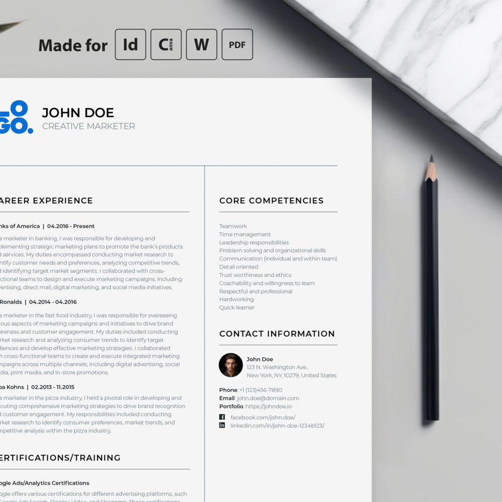 Resume Template, InDesign, Canva, Word, PDF, Modern, Marketing Resume ...